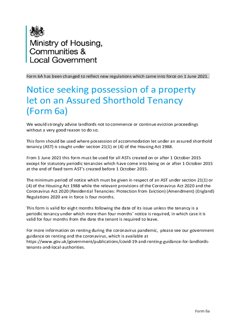 Fillable Online FORM 6A Notice seeking possession of a property let on ...