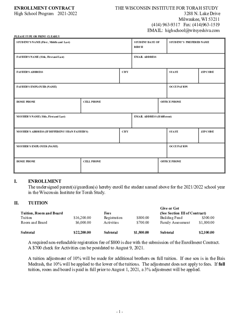 Fillable Online Enrollment Agreement Terms and Conditions/Release and ...
