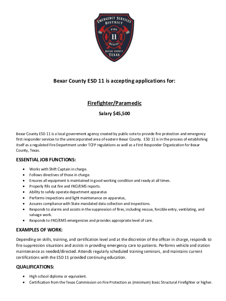 Fillable Online Bexar County ESD 11 is accepting applications for: Firefighter ... Fax Email ...