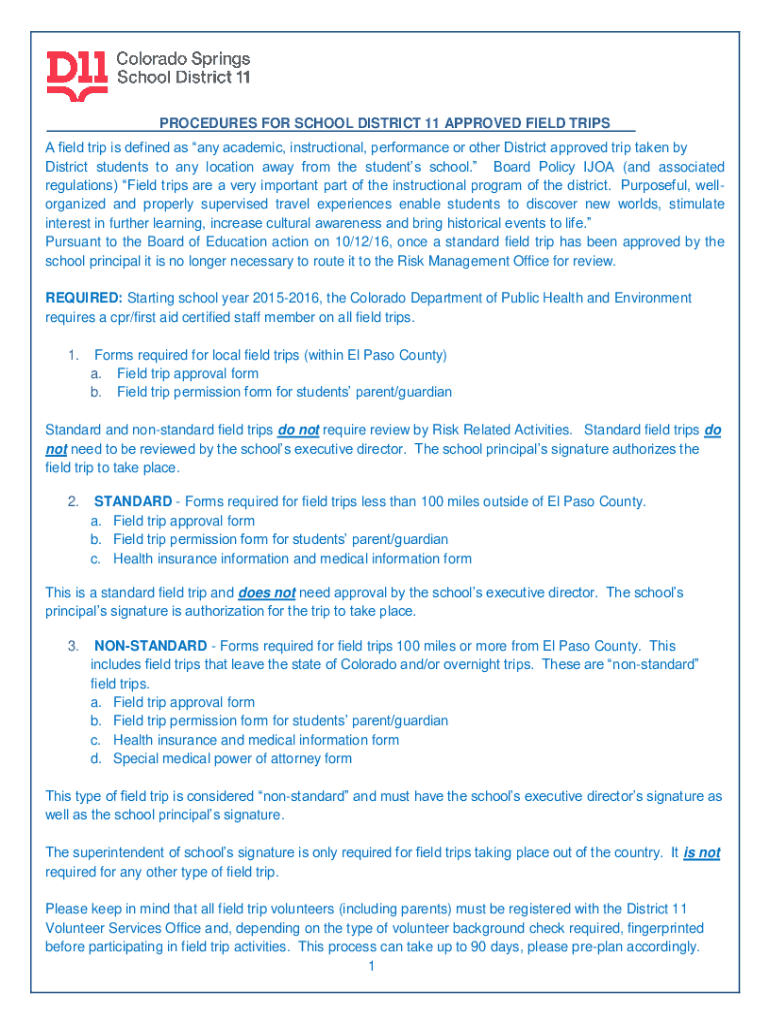 Fillable Online Procedures for Field Trips, Excursions and Outdoor ...