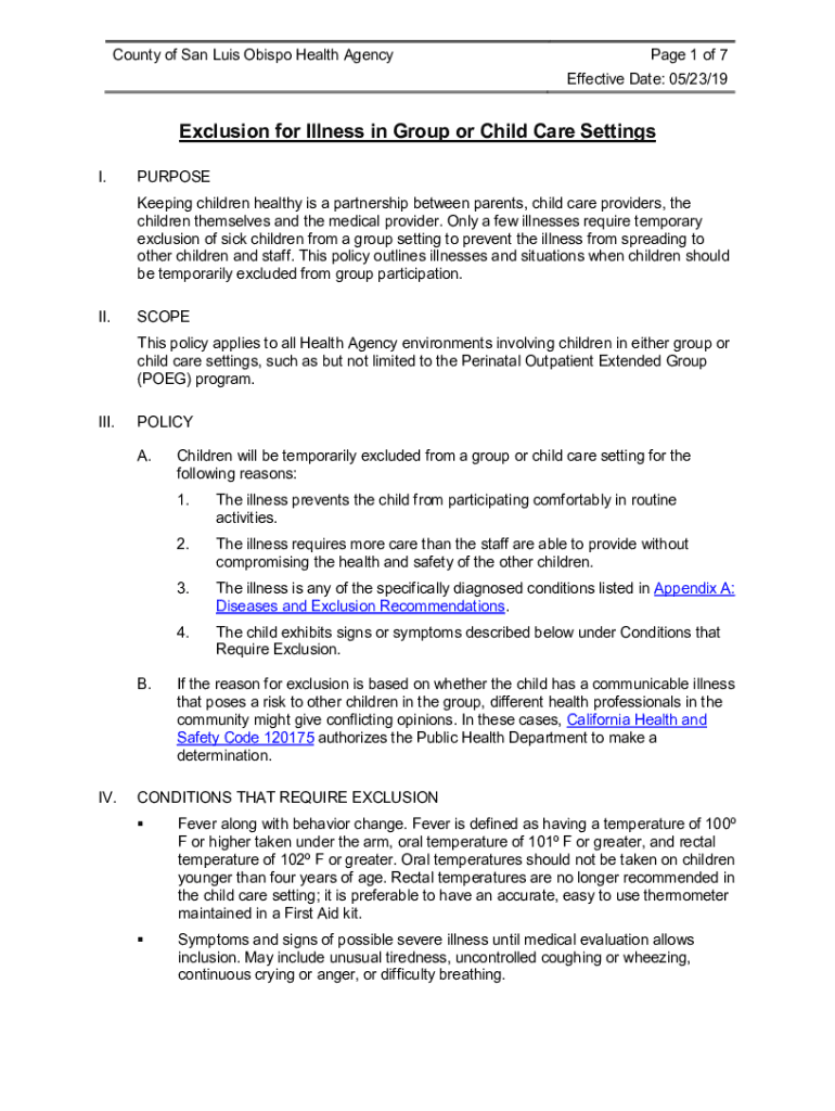 Fillable Online Exclusion for Illness in Group or Child Care Settings ...
