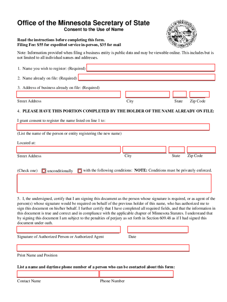 Fillable Online Minnesota Consent to the Use of Name Download Fillable ...