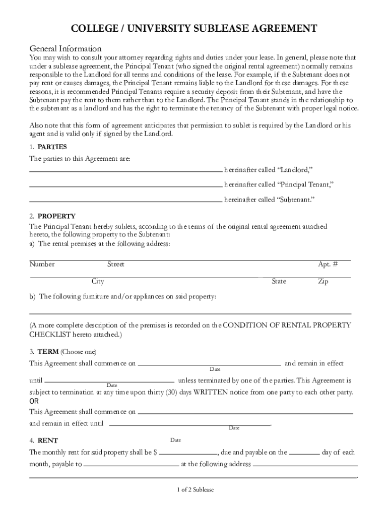 Fillable Online College / University Sublease Agreement Fax Email Print - pdfFiller