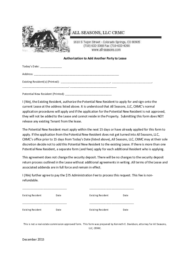 Fillable Online Free Add/Remove a Tenant Lease Amendment - PDF Word ...