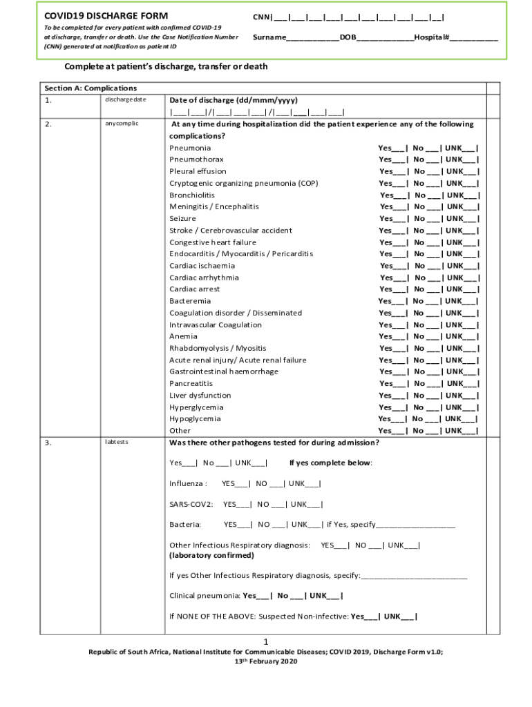 Fillable Online Novel Coronavirus (COVID-19), Discharge Assessment Form ...
