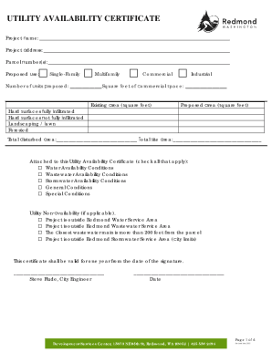 Fillable Online UTILITY AVAILABILITY CERTIFICATE - redmond.gov Fax ...