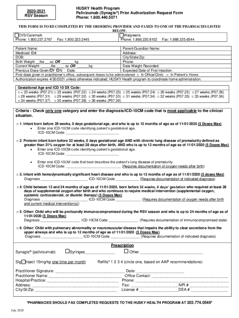 Fillable Online HUSKY Health ProgramHUSKY ProvidersPalivizumab () Prior ...