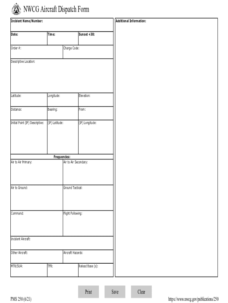 Fillable Online NWCG Aircraft Dispatch Form, PMS 250. NWCG Aircraft ...