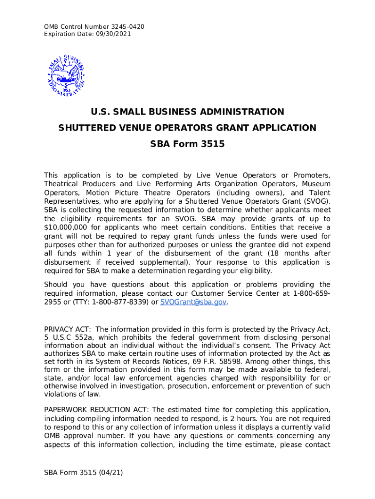 SBA 3515 Grant for Shuttered Venue Operators Doc Template | pdfFiller