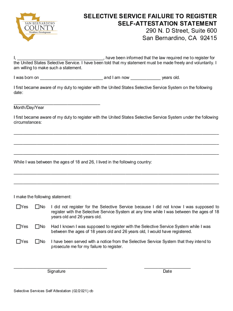 Fillable Online SELECTIVE SERVICE FAILURE TO REGISTER SELF-ATTESTATION ...