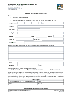 Fillable Online Application to Withdraw Infringement Notice Form Fax ...