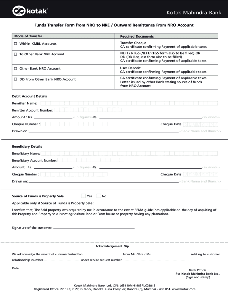 Fillable Online Kotak Mahindra Bank Non-Resident External (NRE) Savings ...How to Transfer Kotak ...