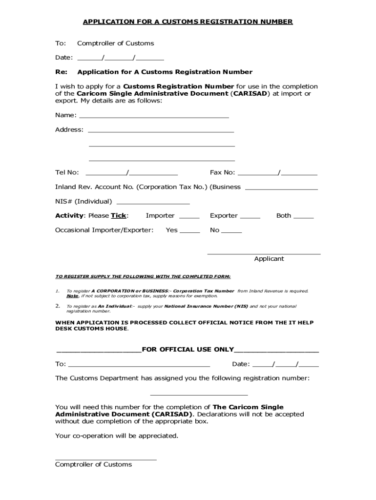 Fillable Online APPLICATION FORM FOR A CUSTOMS REGISTRATION NUMBER.doc ...