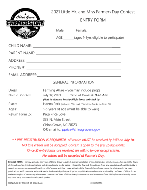 Fillable Online 2021 Little Mr. and Miss Farmers Day Contest ENTRY FORM ...