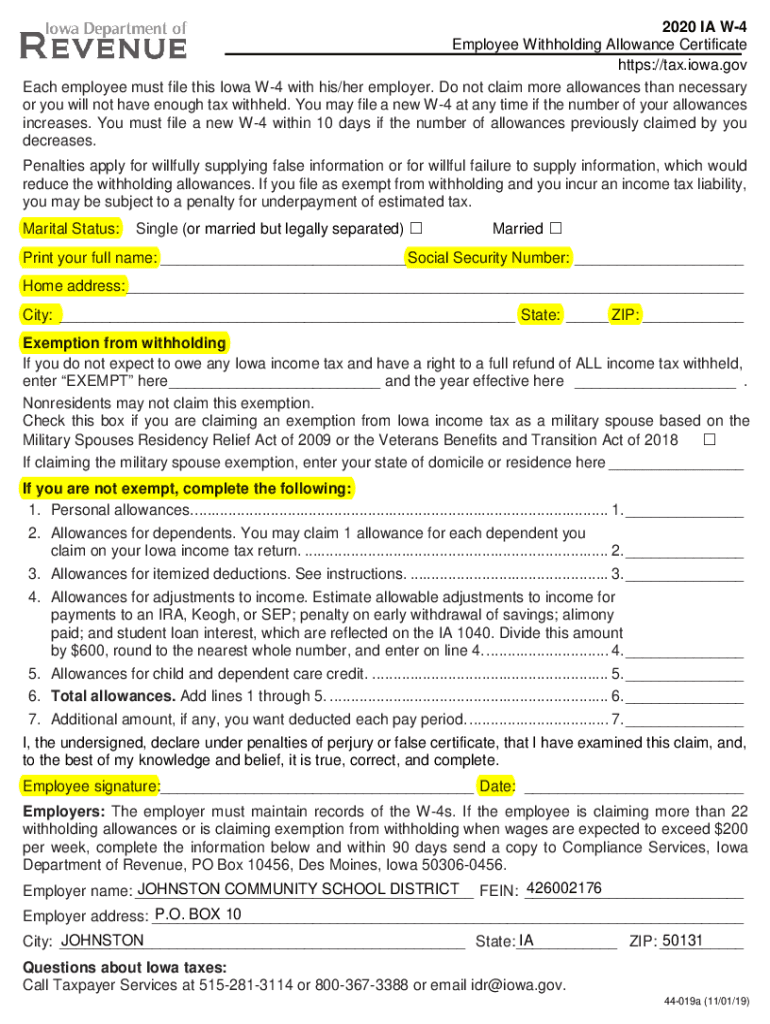 Fillable Online Fillable 2020 IA W-4 Employee Withholding Allowance ...