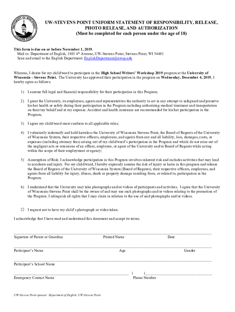 Fillable Online UWSP UNIFORM STATEMENT OF RESPONSIBILITY, RELEASE ...