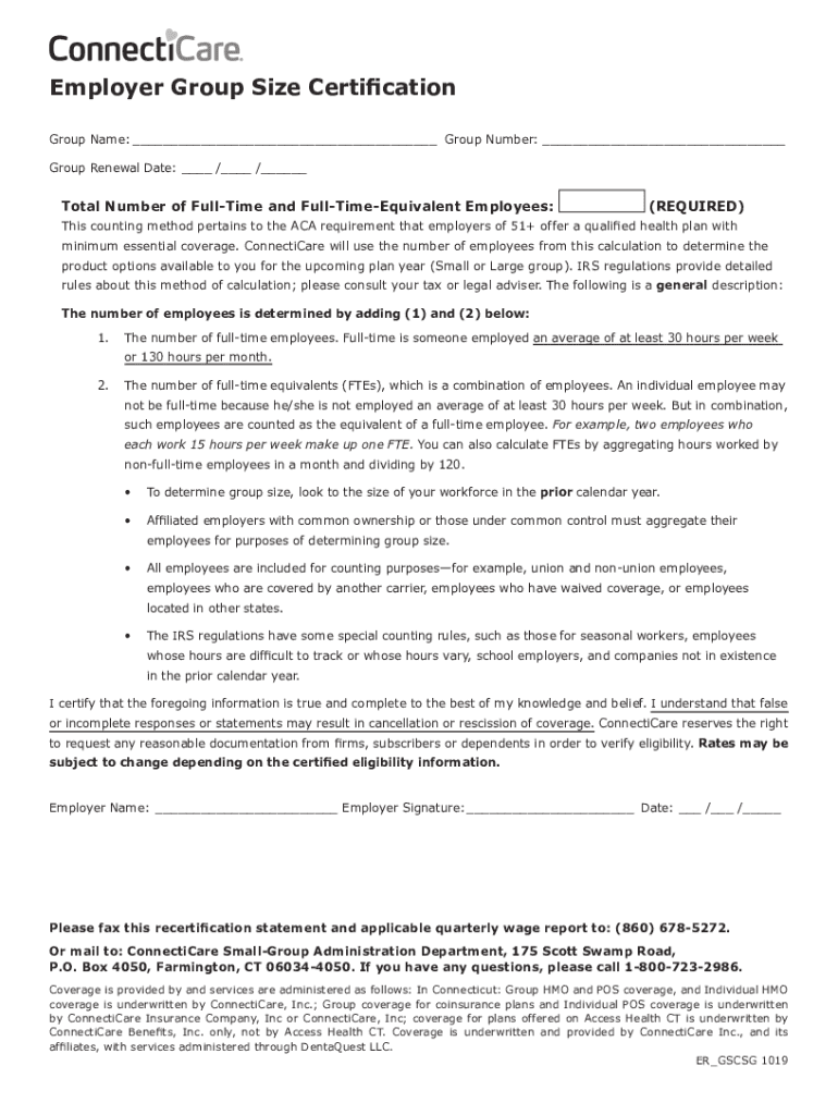 Fillable Online Employer Group Size Certification Form. Employer Group ...