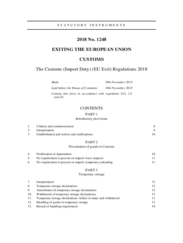 Fillable Online The Customs (Import Duty) (EU Exit) Regulations 2018 No ...