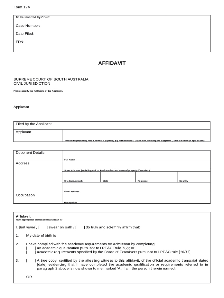 12A Affidavit - in Support of Application for Admission Doc Template ...