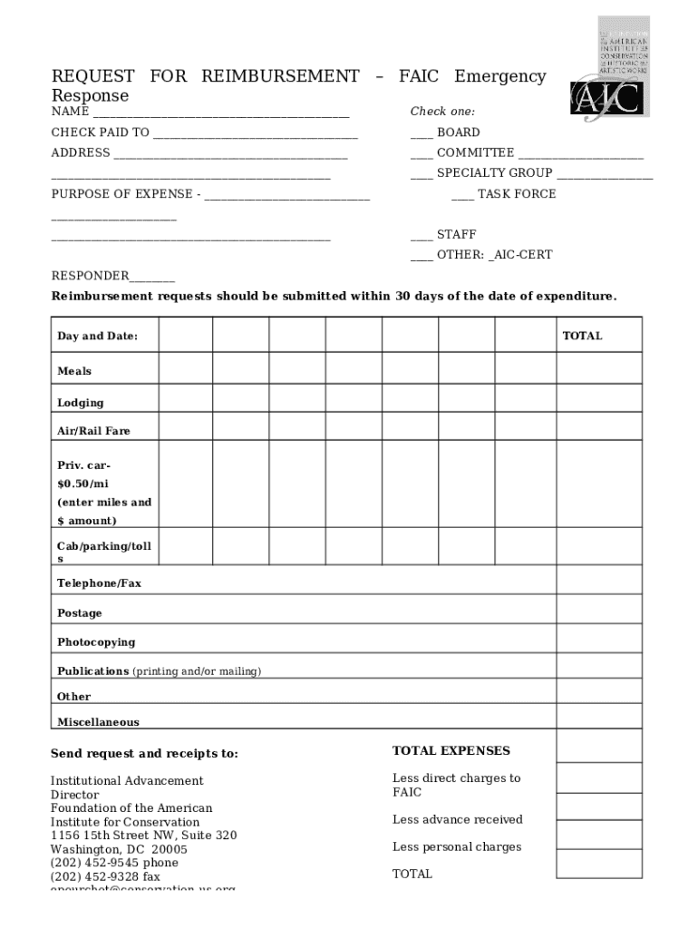 AIC REQUEST FOR REIMBURSEMENT - culturalheritage.org Doc Template ...