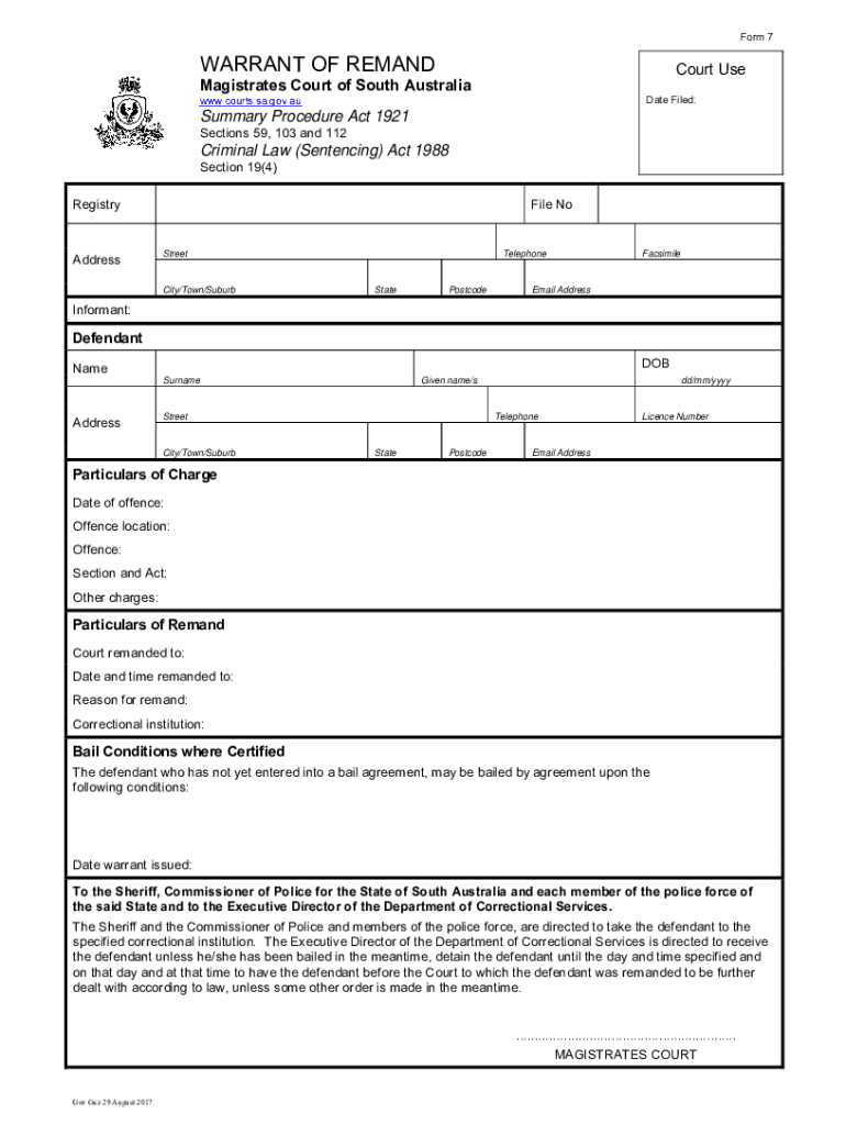 Fillable Online Form 7 - Warrant of Remand.dot Fax Email Print - pdfFiller