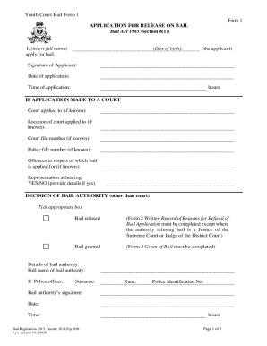 Fillable Online Youth Court Bail Form 1 Form 1 APPLICATION FOR RELEASE ...
