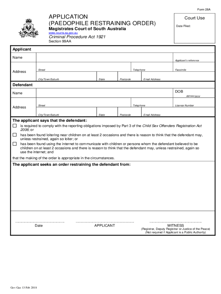 Fillable Online Form 28A APPLICATION (PAEDOPHILE RESTRAINING ORDER) Fax ...