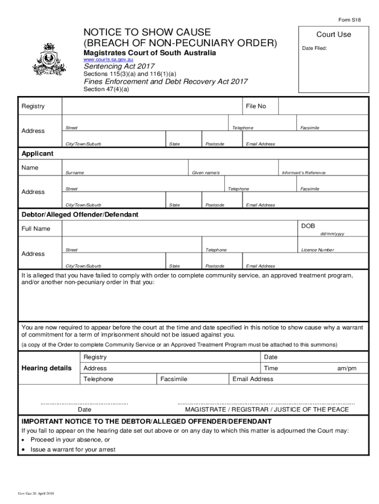 Fillable Online Form S18 NOTICE TO SHOW CAUSE (BREACH OF NON-PECUNIARY ...