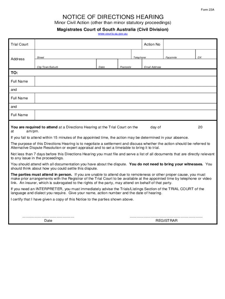 Fillable Online Form 23A - Notice of Directions Hearing - Minor Civil ...