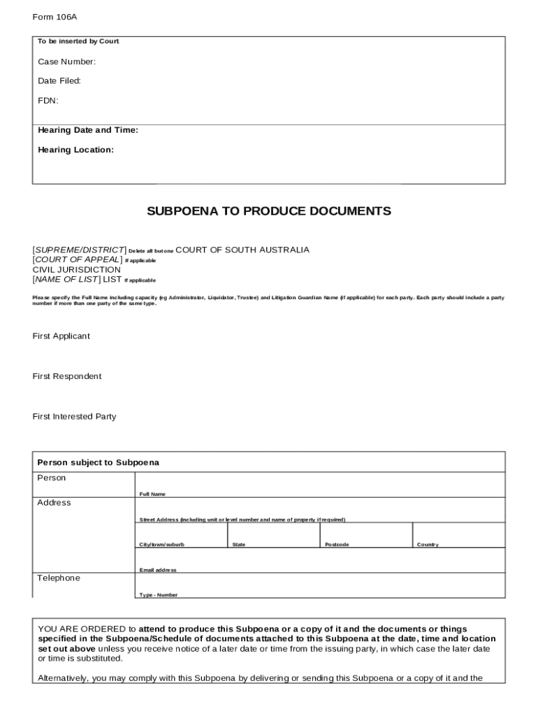 106A Subpoena to Produce Documents (Sup and Dist Courts) Doc Template ...