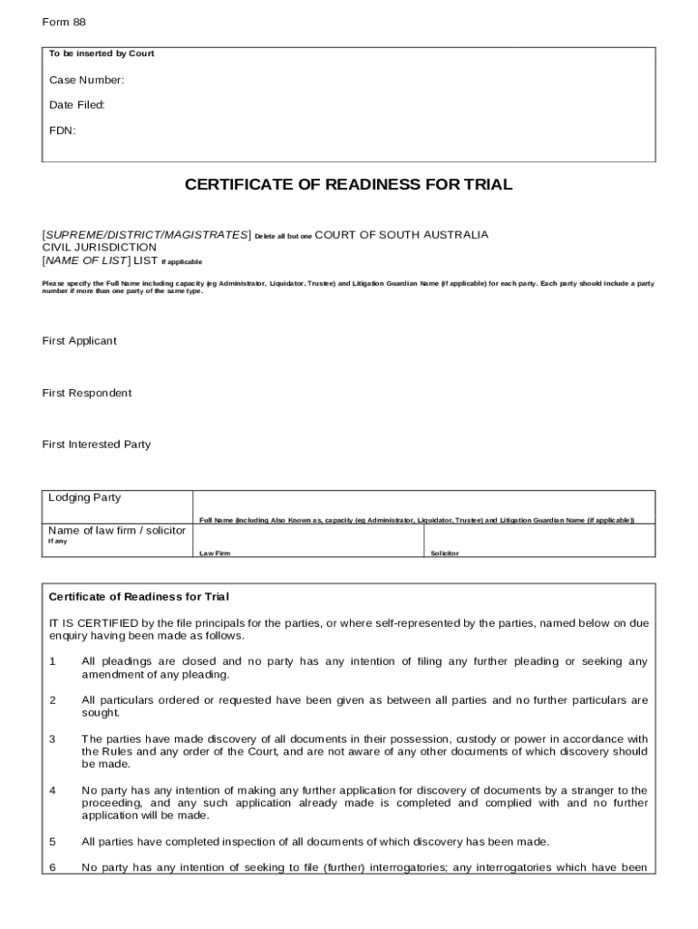 88 Certificate of Readiness for Trial Doc Template | pdfFiller