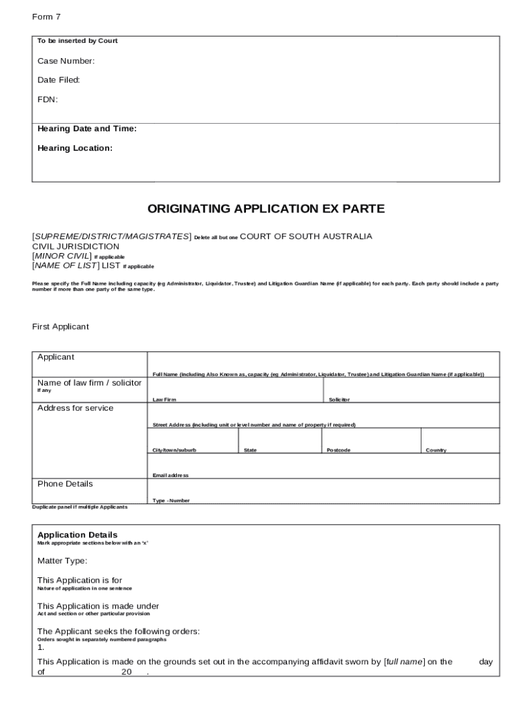 7E Originating Application Ex Parte - courts.sa.gov.au Doc Template | pdfFiller