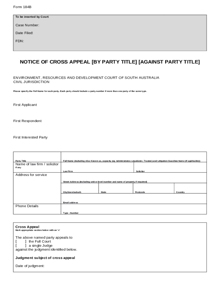 184B Notice of Cross Appeal - courts.sa.gov.au Doc Template | pdfFiller