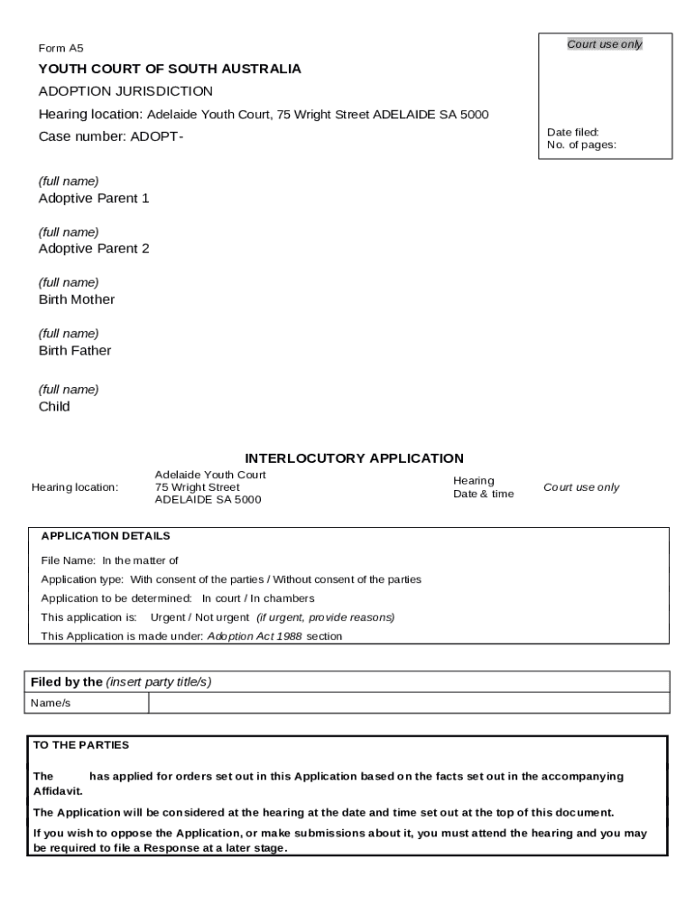 A5 Interlocutory Application Courts sa gov au Doc Template PdfFiller