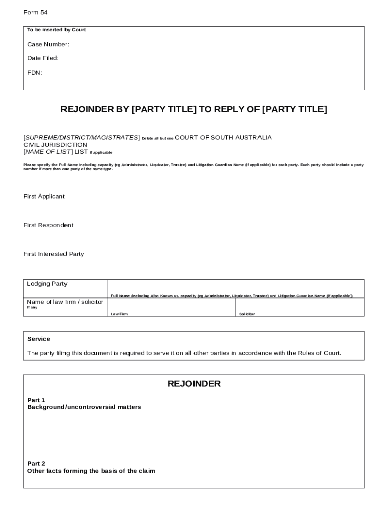 54 Rejoinder - courts.sa.gov.au Doc Template | pdfFiller