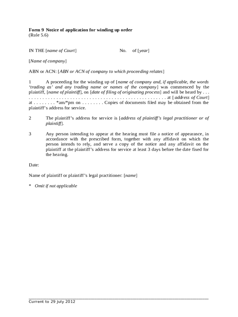9 - Notice of application for winding up order Doc Template | pdfFiller
