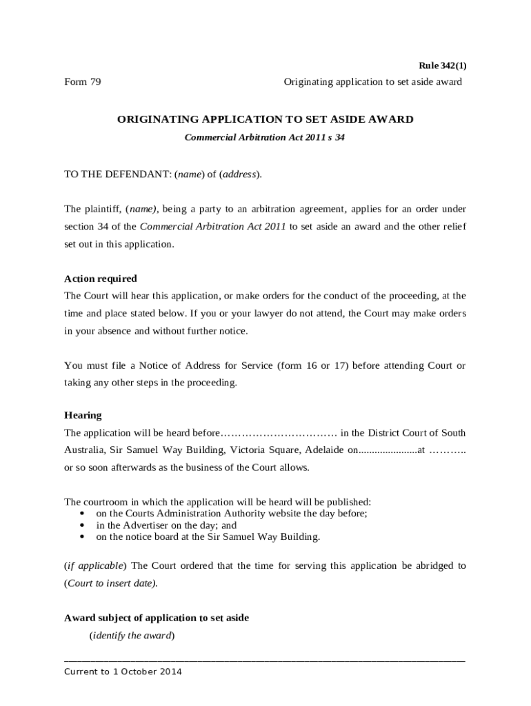 79 - Originating application to set aside award Doc Template | pdfFiller