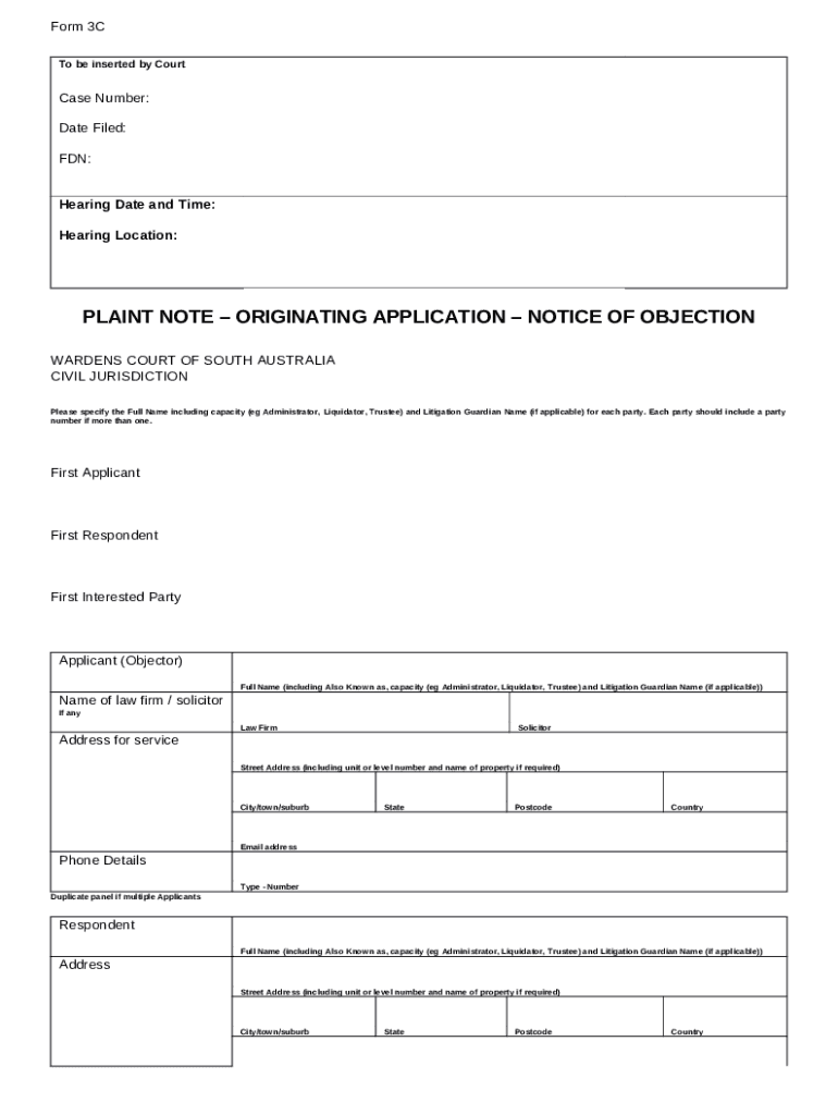 3C Plaint Note - Originating Application - Notice of Objection Doc Template | pdfFiller