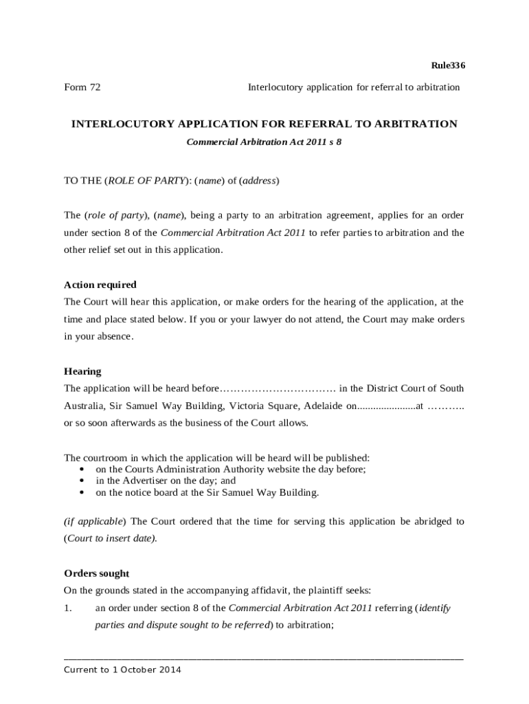 72 - Interlocutory application for referral to ... Doc Template | pdfFiller