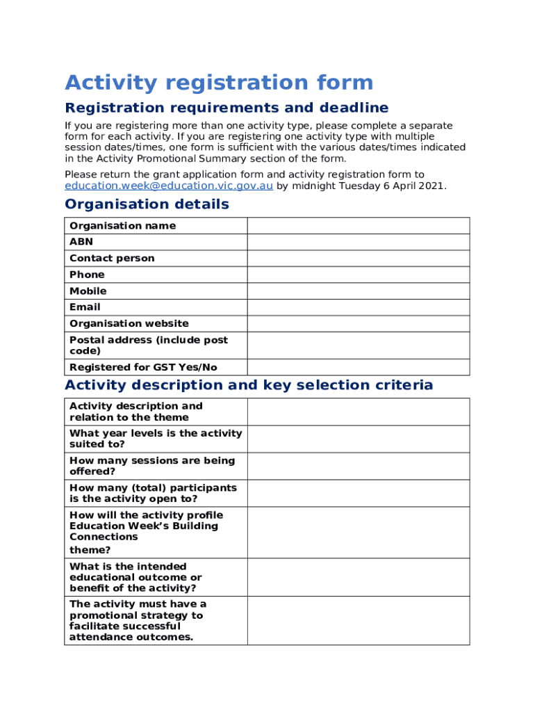 Activity Registration 2021 Doc Template | pdfFiller