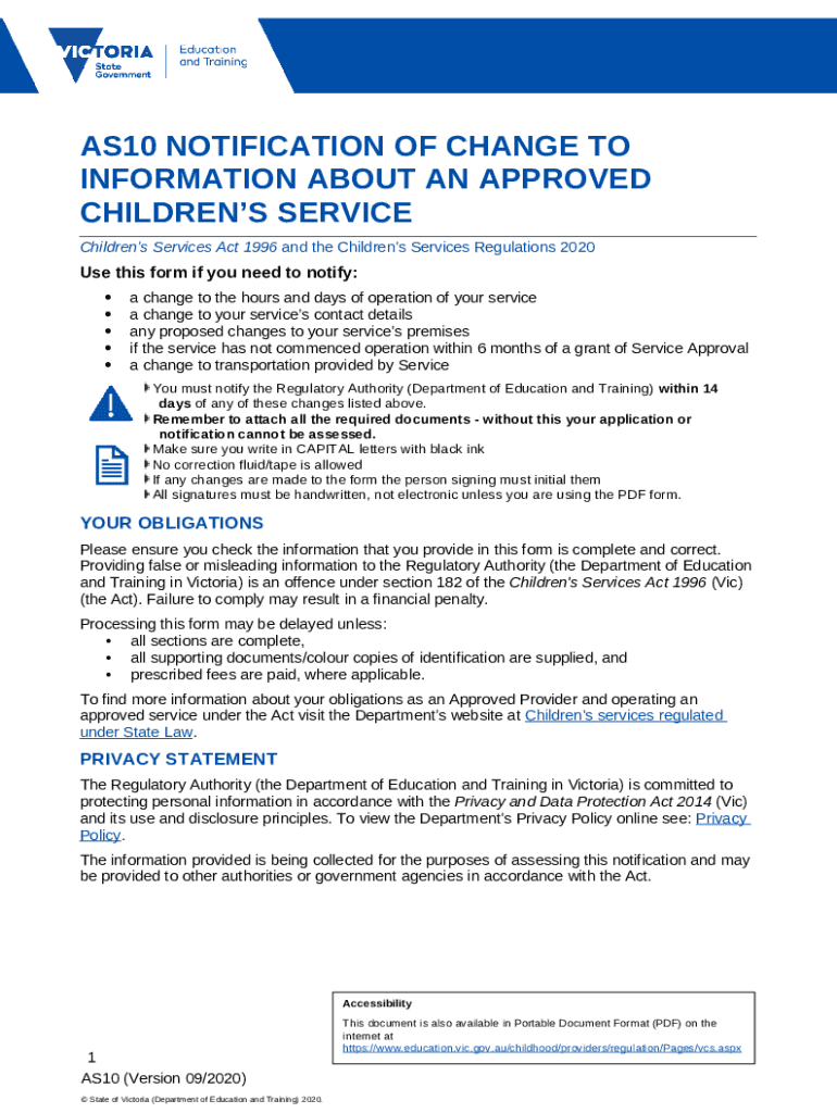 AS10 Notification of change to ination about an approved service Doc ...