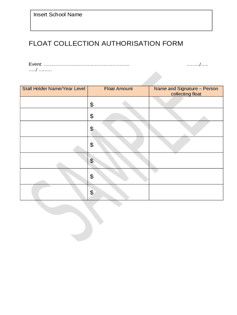 Float Collection Authorisation Doc Template | pdfFiller