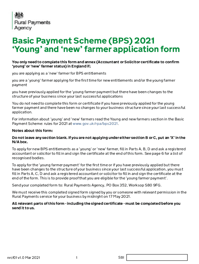 Fillable Online Basic Payment Scheme (BPS) 2021 Young and new farmer ...