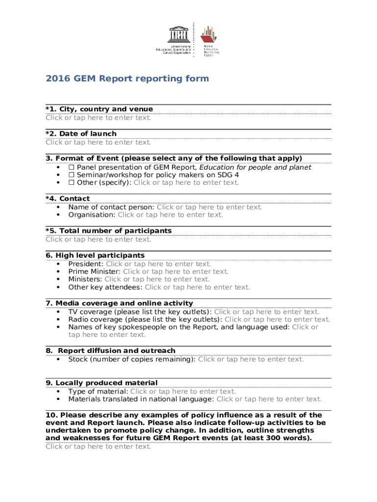 2016 GEM Report reporting *1. City, country and venue ... Doc Template ...