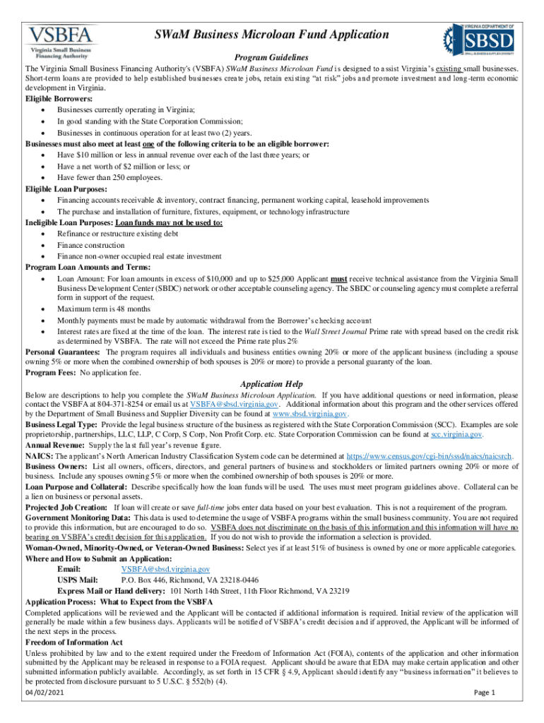 Fillable Online SWaM Business Microloan Fund Application - Virginia Fax ...