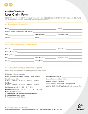 Fillable Online Loss Claim Form - Cochlear Americas Fax Email Print ...