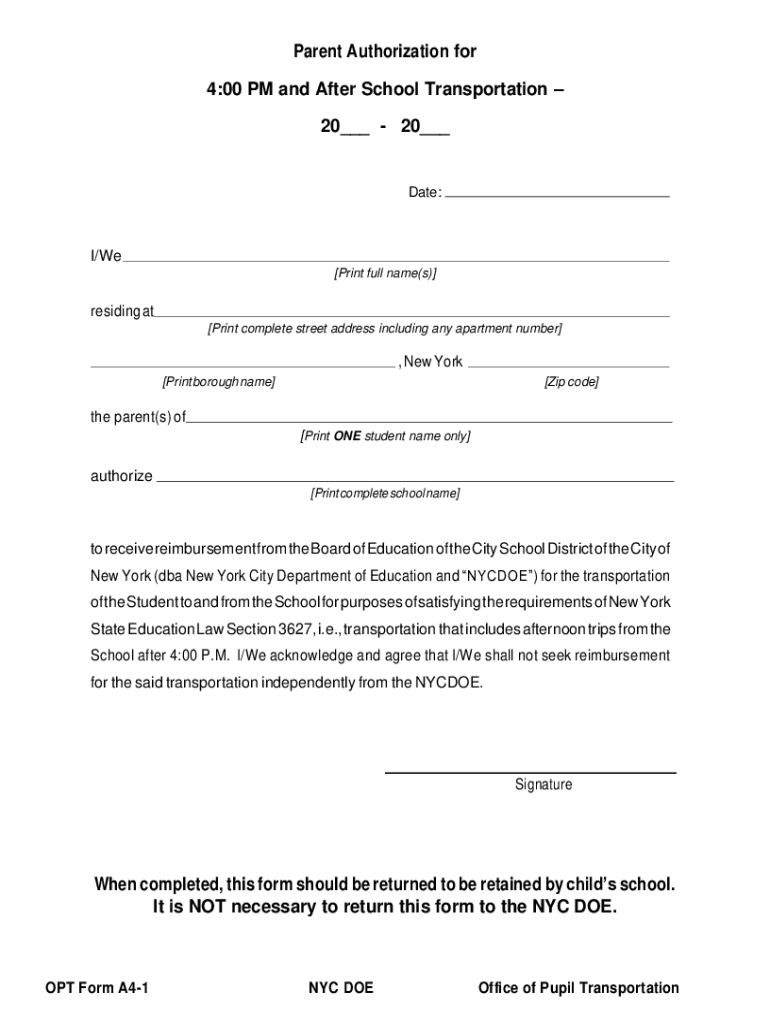 Fillable Online Parent Authorization for 4:00 PM and After School ...