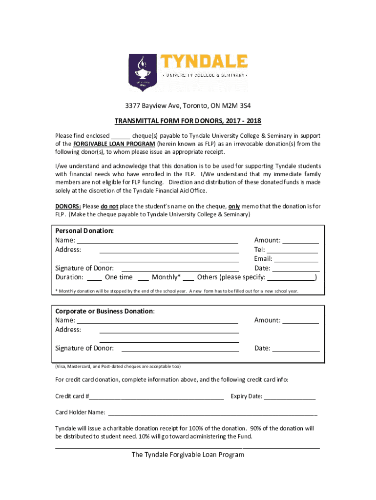 Fillable Online TRANSMITTAL FORM FOR DONORS, 2018 2019 - Tyndale University Fax Email Print ...