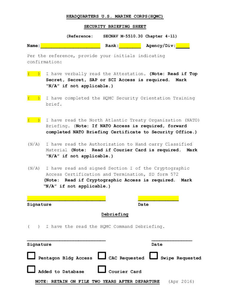 Fillable Online HEADQUARTERS U.S. MARINE CORPS(HQMC) SECURITY BRIEFING ...
