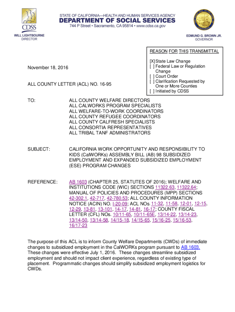 Fillable Online cdss ca All county letter No. 16-95 Fax Email Print ...